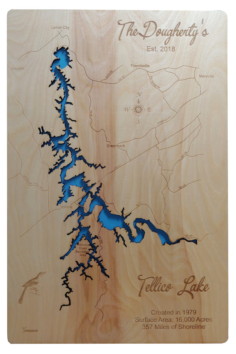 Tellico Lake Tennessee - laser cut wood map| Personal Handcrafted Displays