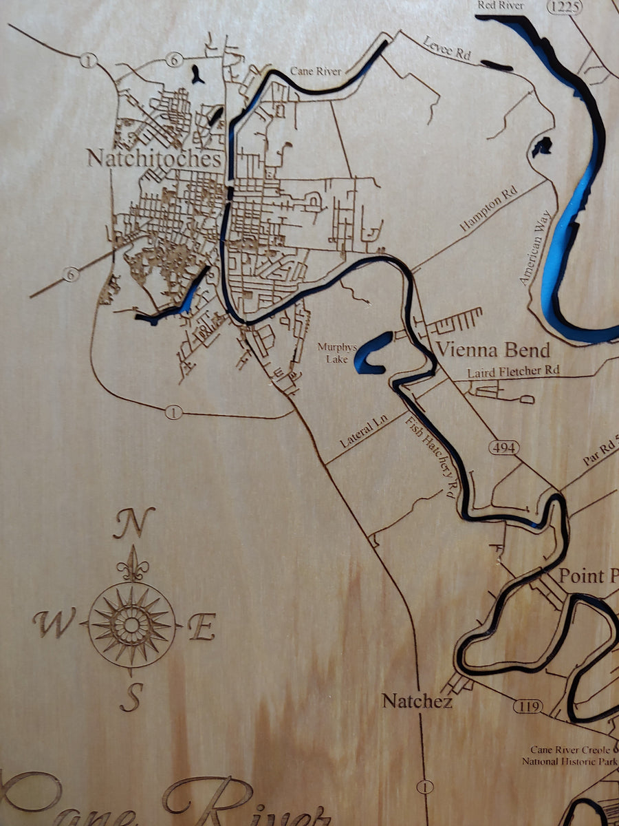 Cane River, Louisiana - Laser Cut Wood Map| Personal Handcrafted Displays
