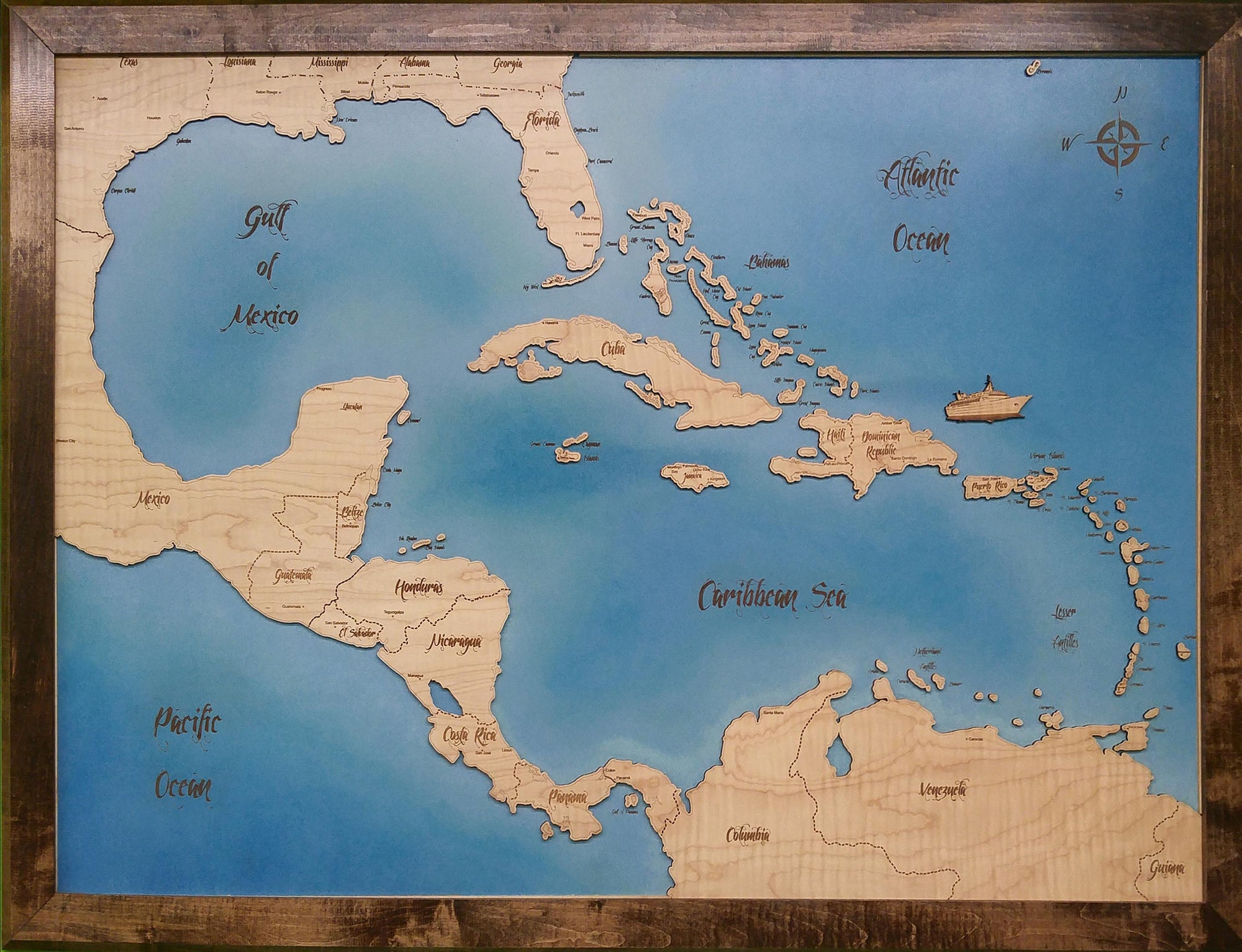 Caribbean Coastal Map - laser cut wood map| Personal Handcrafted Displays