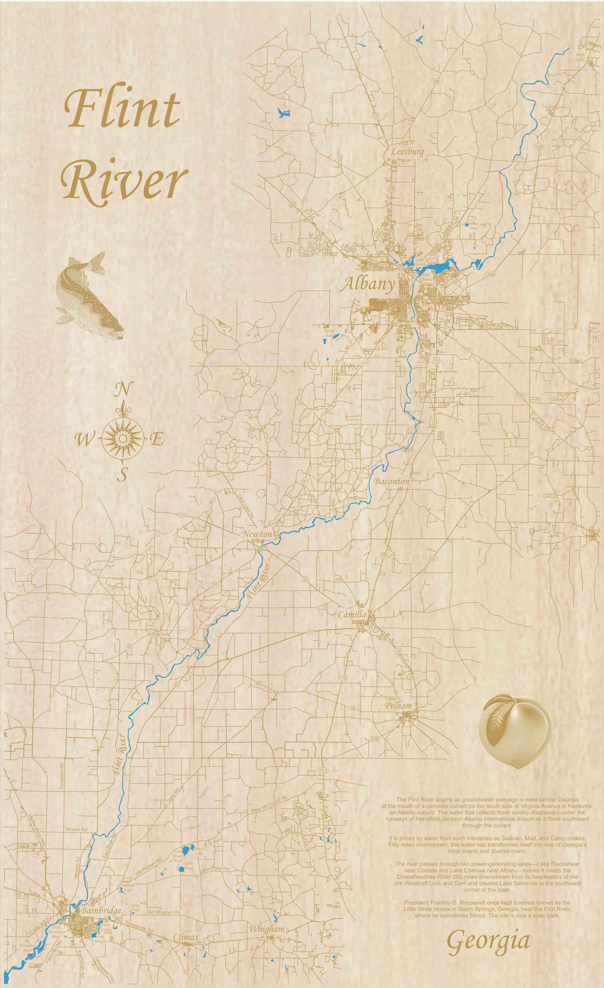 Flint River, Georgia - Laser Cut Wood Map| Personal Handcrafted Displays