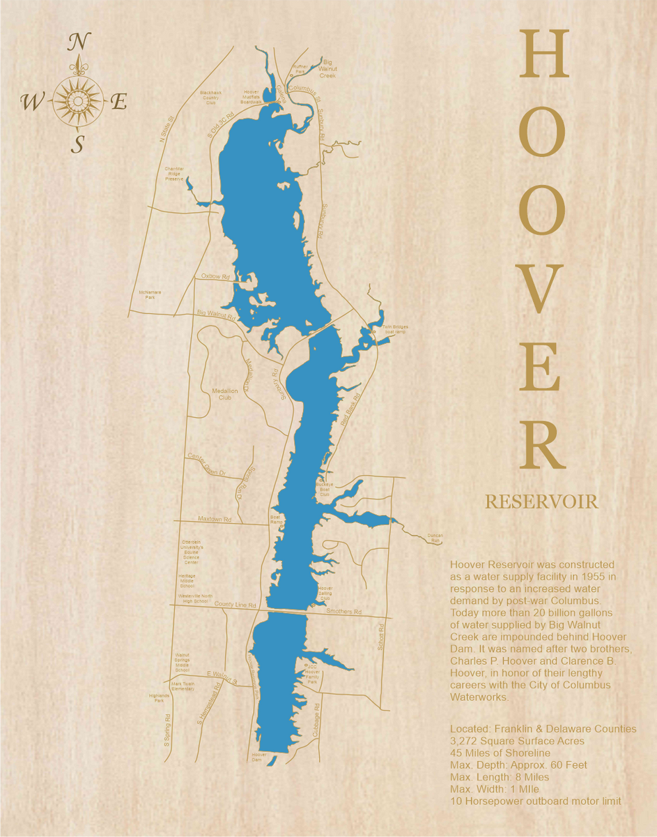 Hoover Reservoir, Ohio - Laser Cut Wood Map| Personal Handcrafted Displays