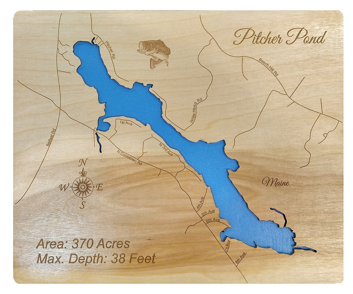 Pitcher Pond, Maine - laser cut wood map| Personal Handcrafted Displays