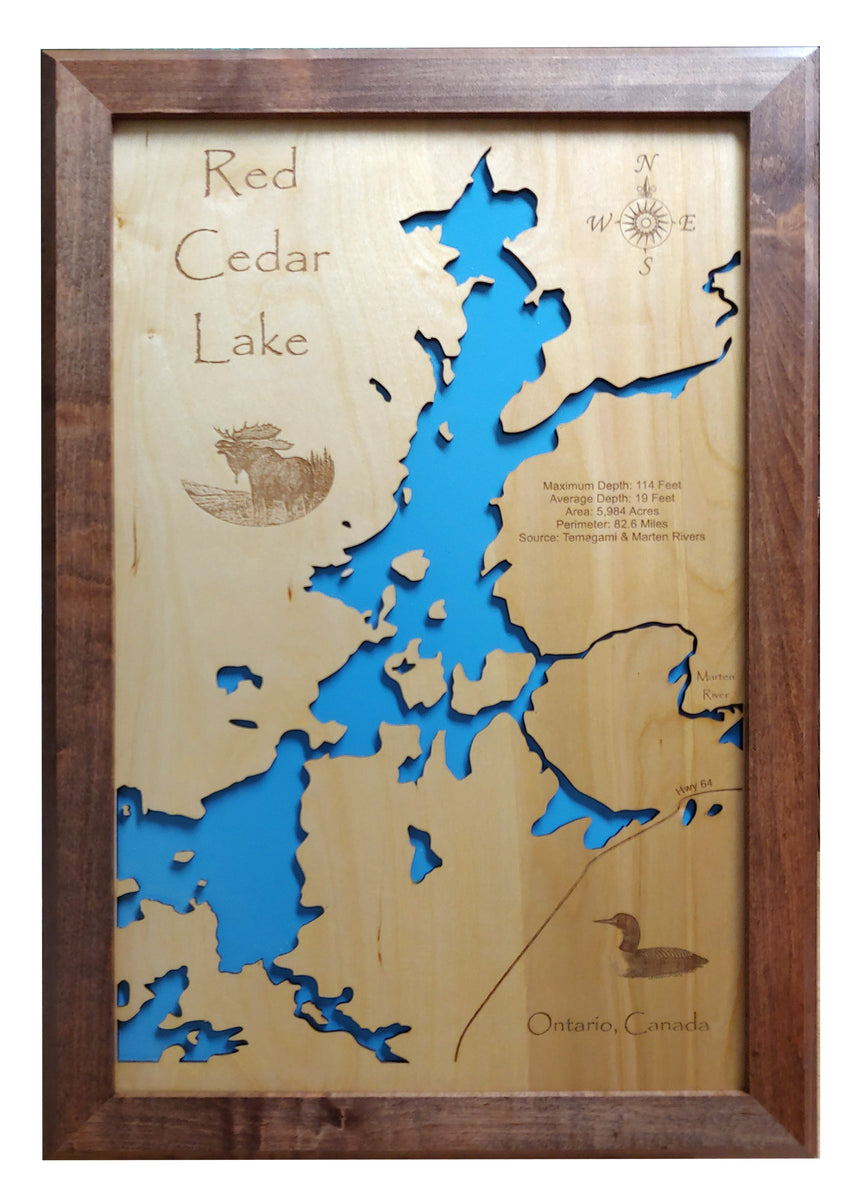 Red Cedar Lake, Ontario - laser cut wood map| Personal Handcrafted Displays