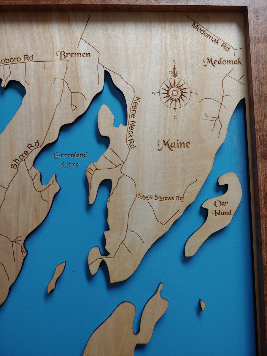 Round Pond and Muscongus Pond, Maine - laser cut wood map| Personal ...