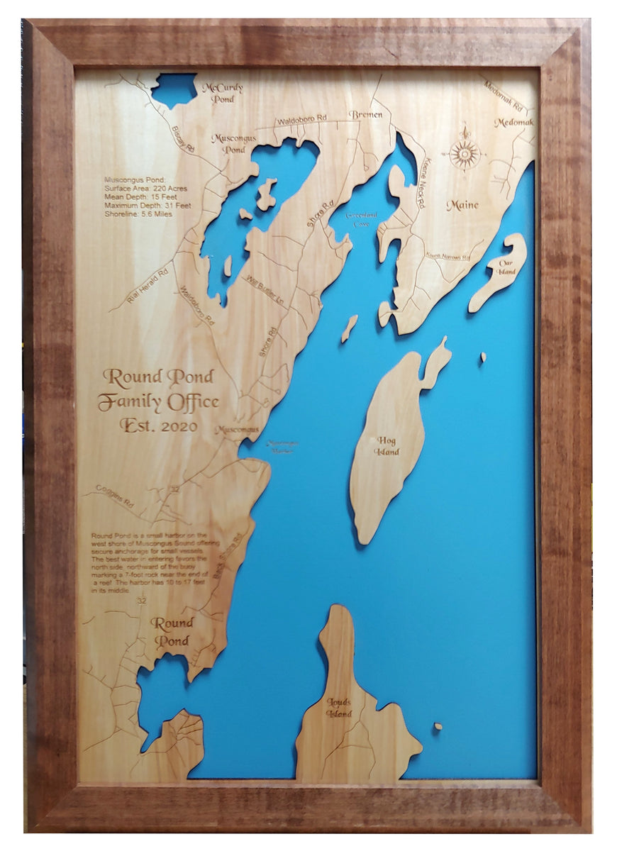Round Pond and Muscongus Pond, Maine - laser cut wood map| Personal ...