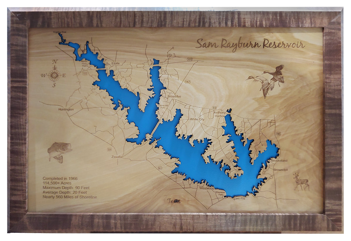 Sam Rayburn Reservoir, Texas - laser cut wood map| Personal Handcrafted ...