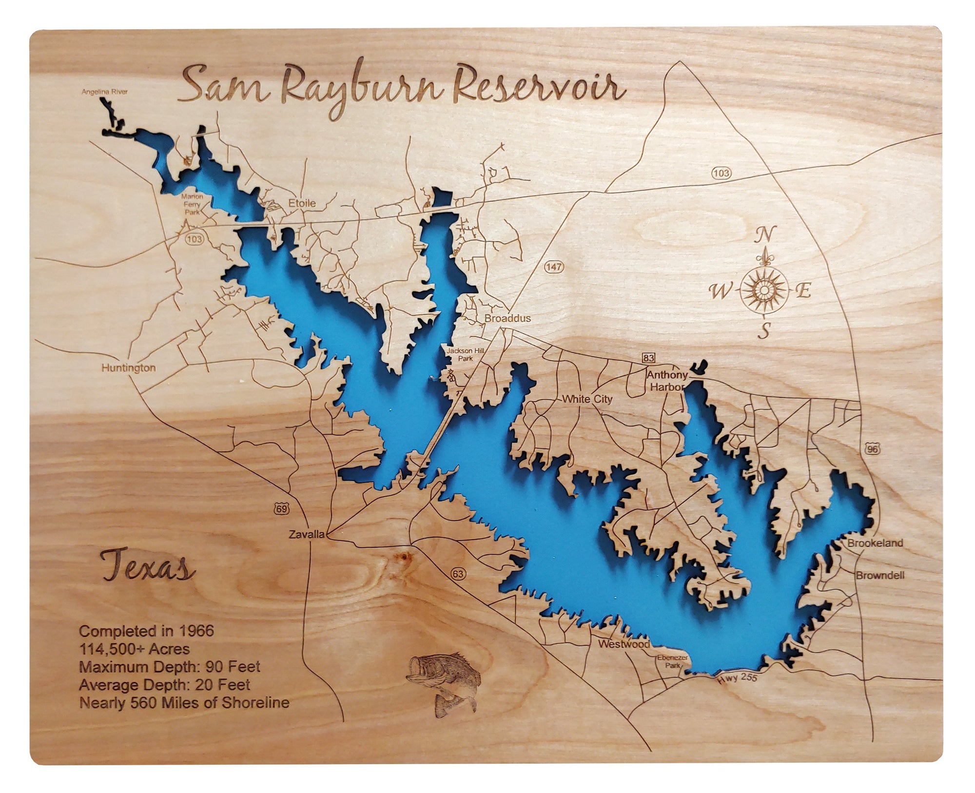 Sam Rayburn Reservoir, Texas - laser cut wood map| Personal Handcrafted ...