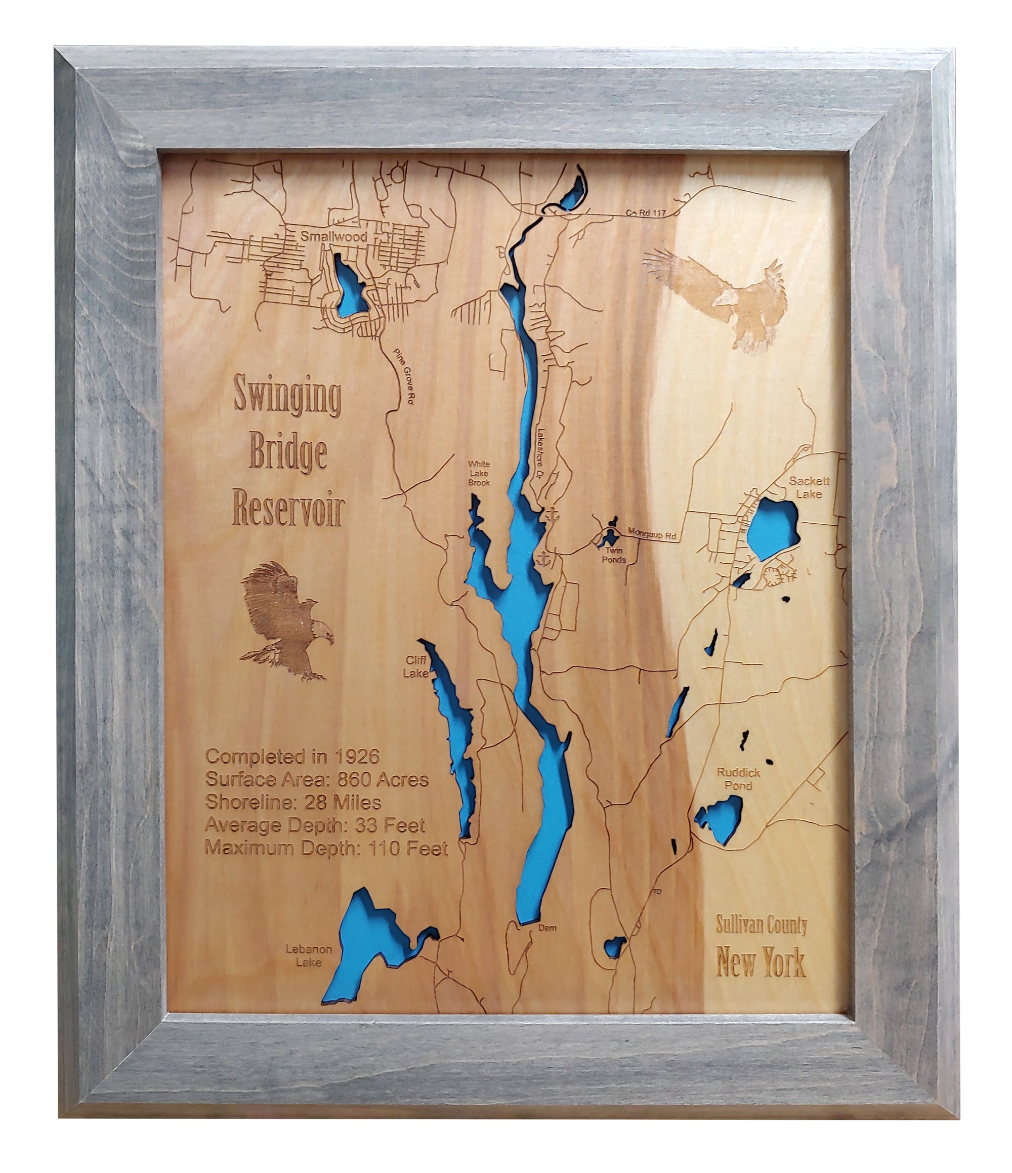 Swinging Bridge Reservoir, New York - laser cut wood map| Personal ...