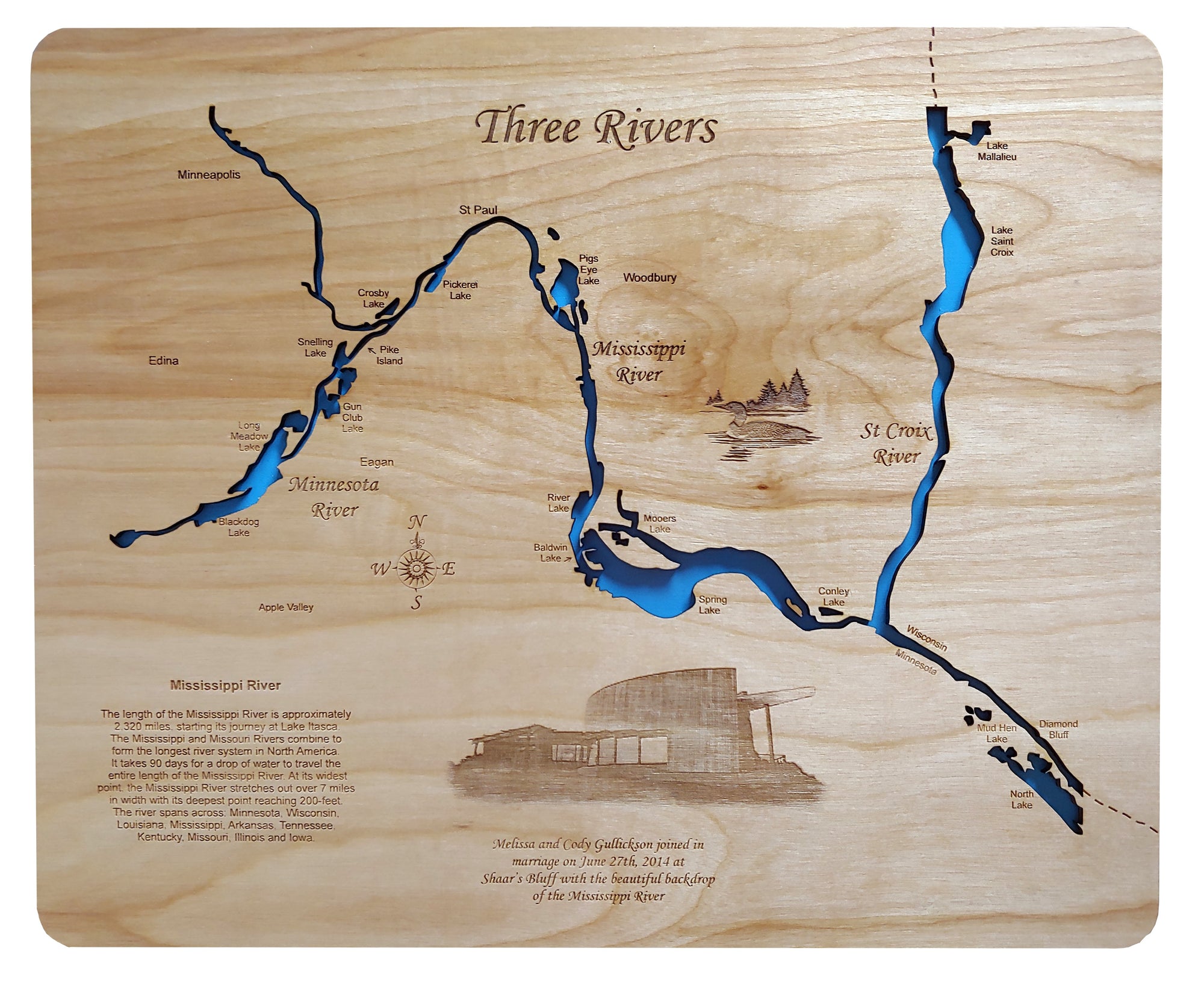 Three Rivers, Minnesota - laser cut wood map| Personal Handcrafted Displays