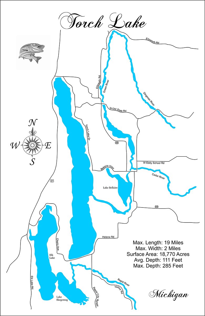 Torch Lake, Michigan - laser cut wood map| Personal Handcrafted Displays