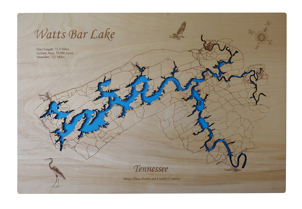 Watts Bar Lake, Tennessee - laser cut wood map| Personal Handcrafted ...